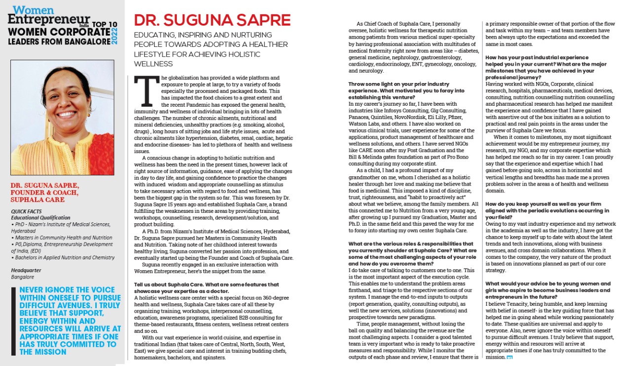Suphala Care recognised among Top 10 woman entrepreneurs @ Banagalore ...